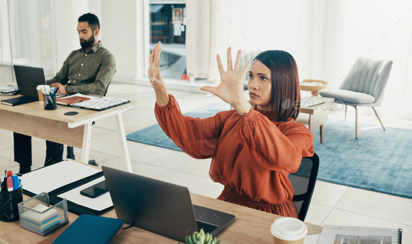 Invisible screen, laptop and business woman in office for user ...