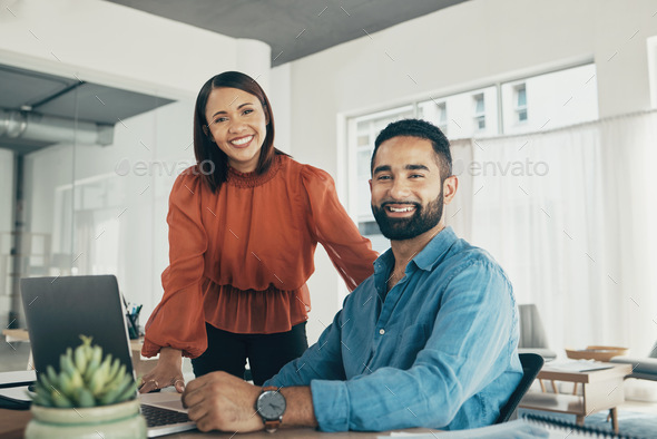 Portrait of happy couple in home office, working together and planning ...