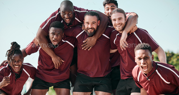 Excited, portrait and rugby team in celebration at field outdoor for ...