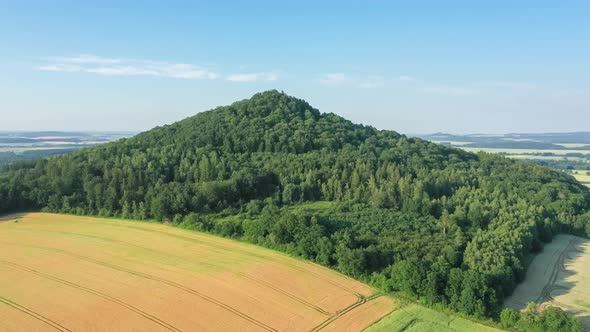 Aerial view of Ostrzyca Proboszczowska - extinct volcano in Poland ...