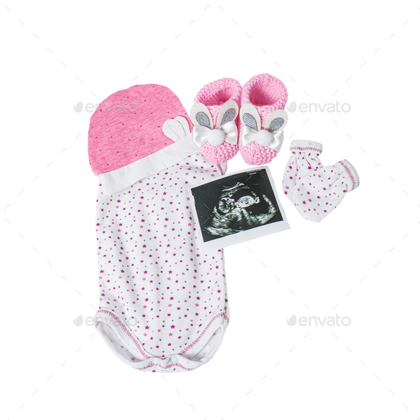 expecting the birth of a child, baby suit, pair of baby shoes, baby cap ...