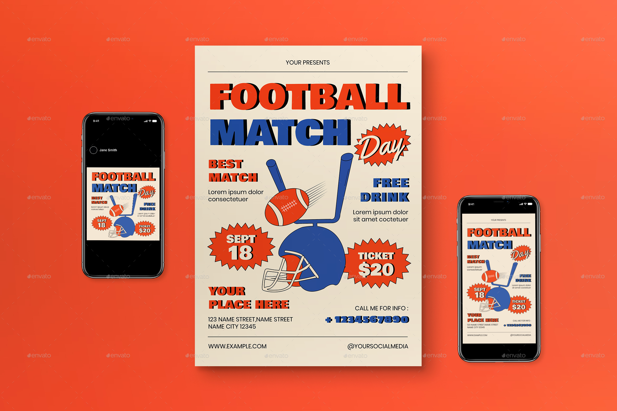 Orange Blue Retro Football Match Flyer Set, Print Templates | GraphicRiver