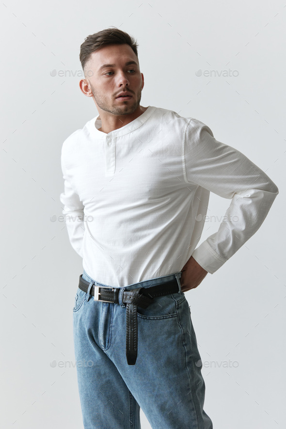 Handsome pensive attractive serious model man guy wear linen shirt ...