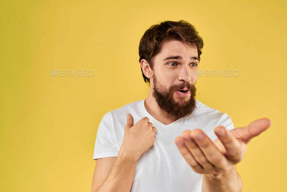 Bearded man emotions fun gesture with hands white t-shirt close-up ...