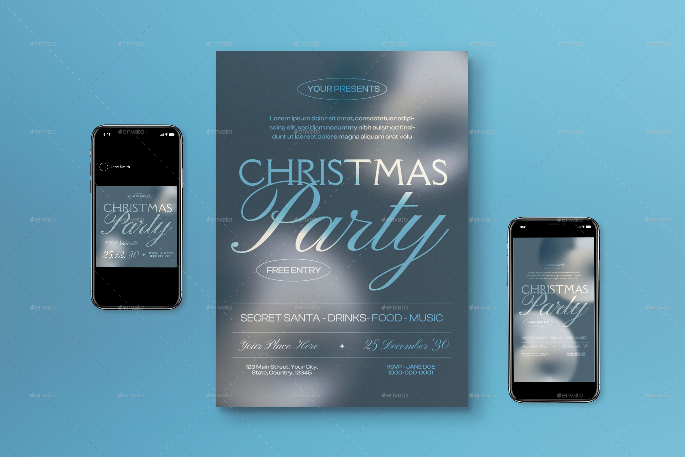 Blue Gradient Christmas Party Flyer Set, Print Templates | GraphicRiver