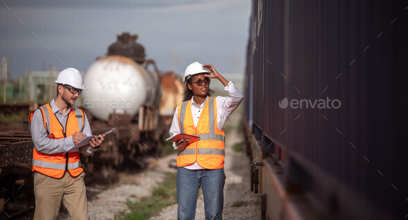 Engineers survey team wearing safety uniform and helmet under ...