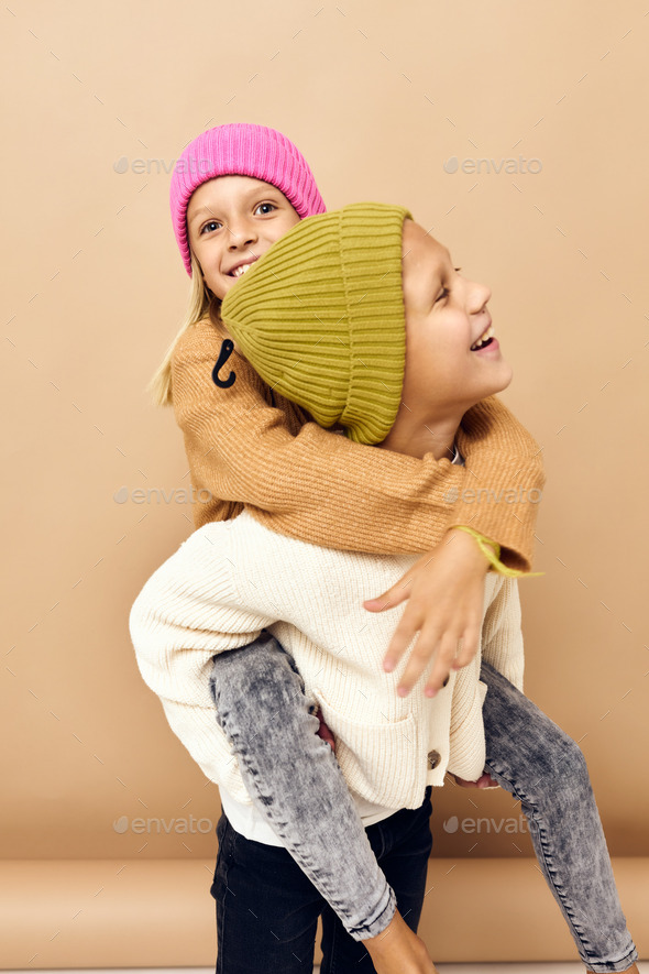 little children hug games smile friendship Studio emotions Stock Photo ...