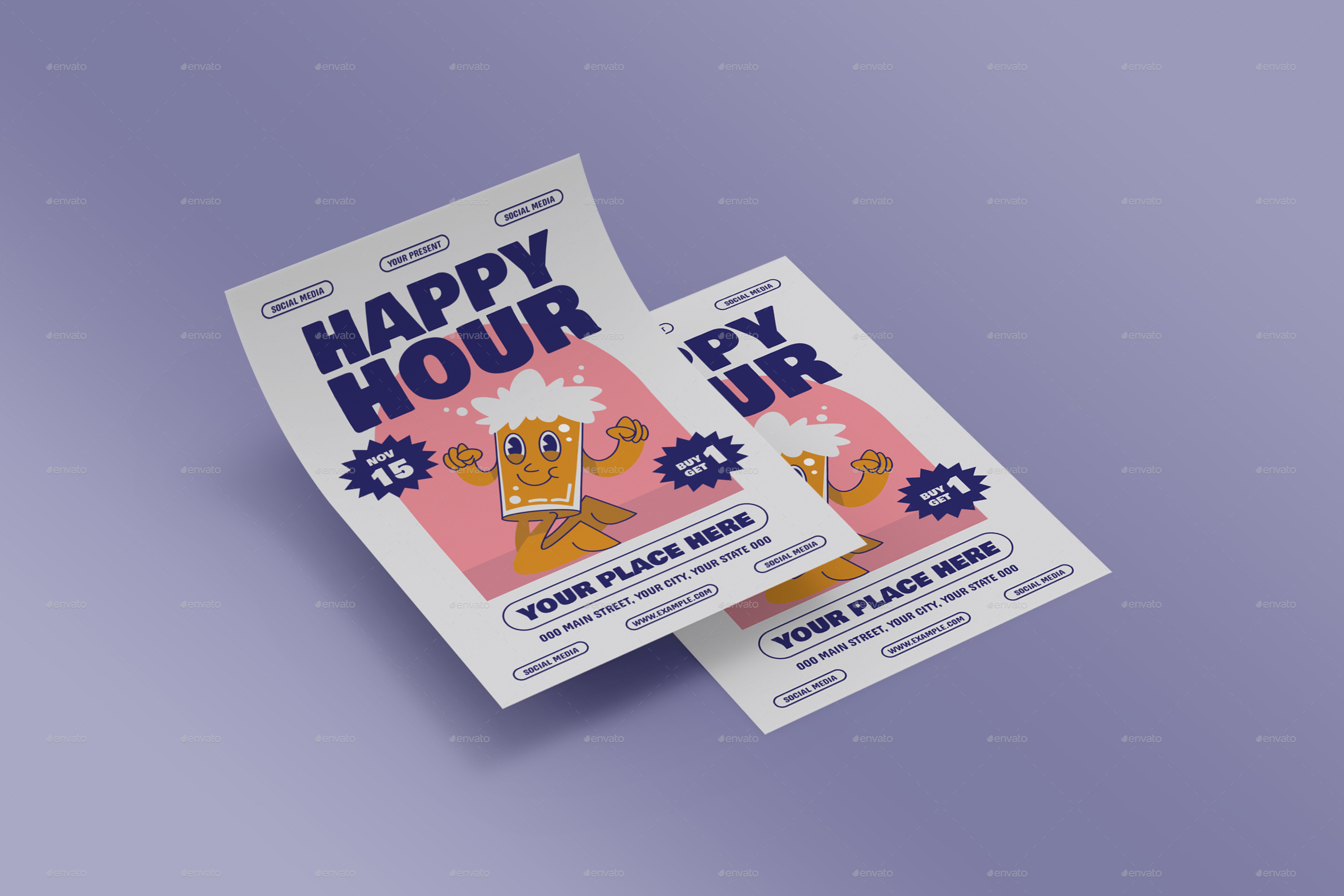 Retro Happy Hour Flyer Set, Print Templates | GraphicRiver