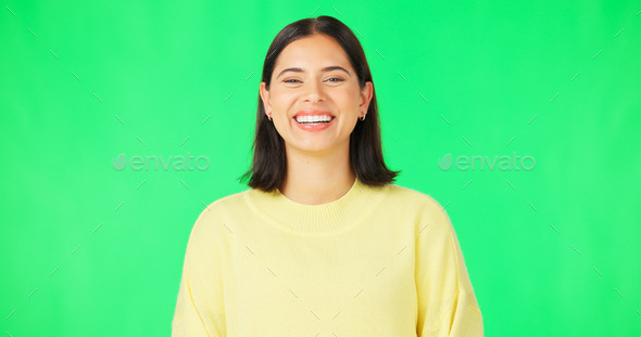 Happy, laughing and the face of a woman on a green screen isolated on a ...