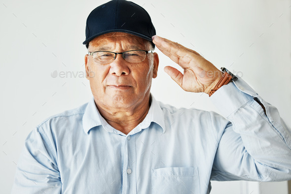 Old man, salute and portrait for veteran soldier on white background ...