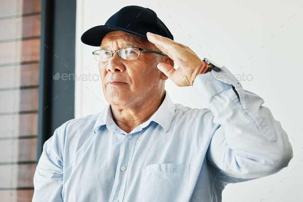 Old man, salute and portrait for soldier recognition on white ...