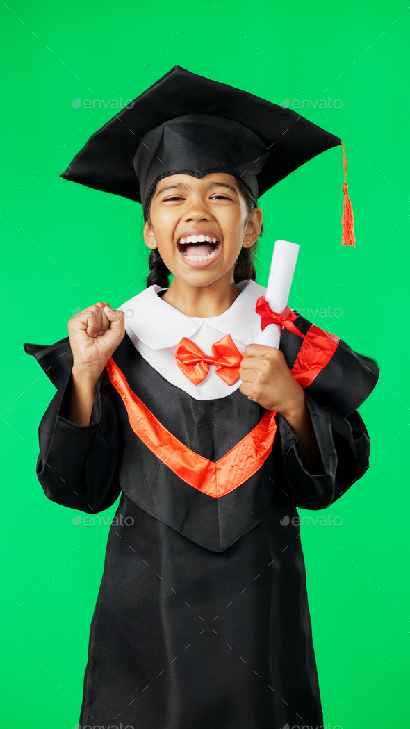 Graduation, education and excited child on green screen for graduate ...