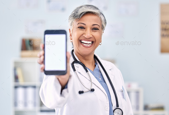 Phone screen, senior woman and doctor with advertising mockup and ...