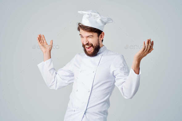 male cook kitchen Job hand gestures light background Stock Photo by ...