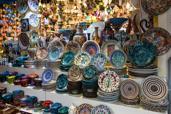 Traditional colorful ceramic plates and souvenirs. Turkish gift shop ...
