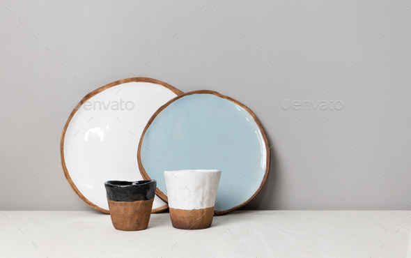 Kitchen minimalist modern rustic tableware concept. Handmade ceramic ...