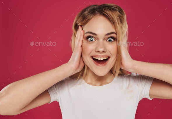 cheerful woman in a white positive posing joy smile isolated background ...