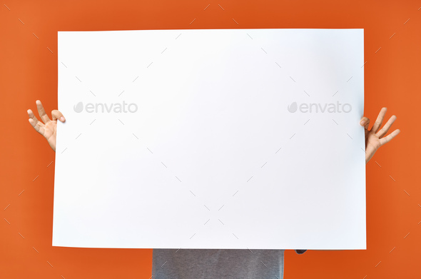 white sheet of paper ad advertisement man in the background orange ...