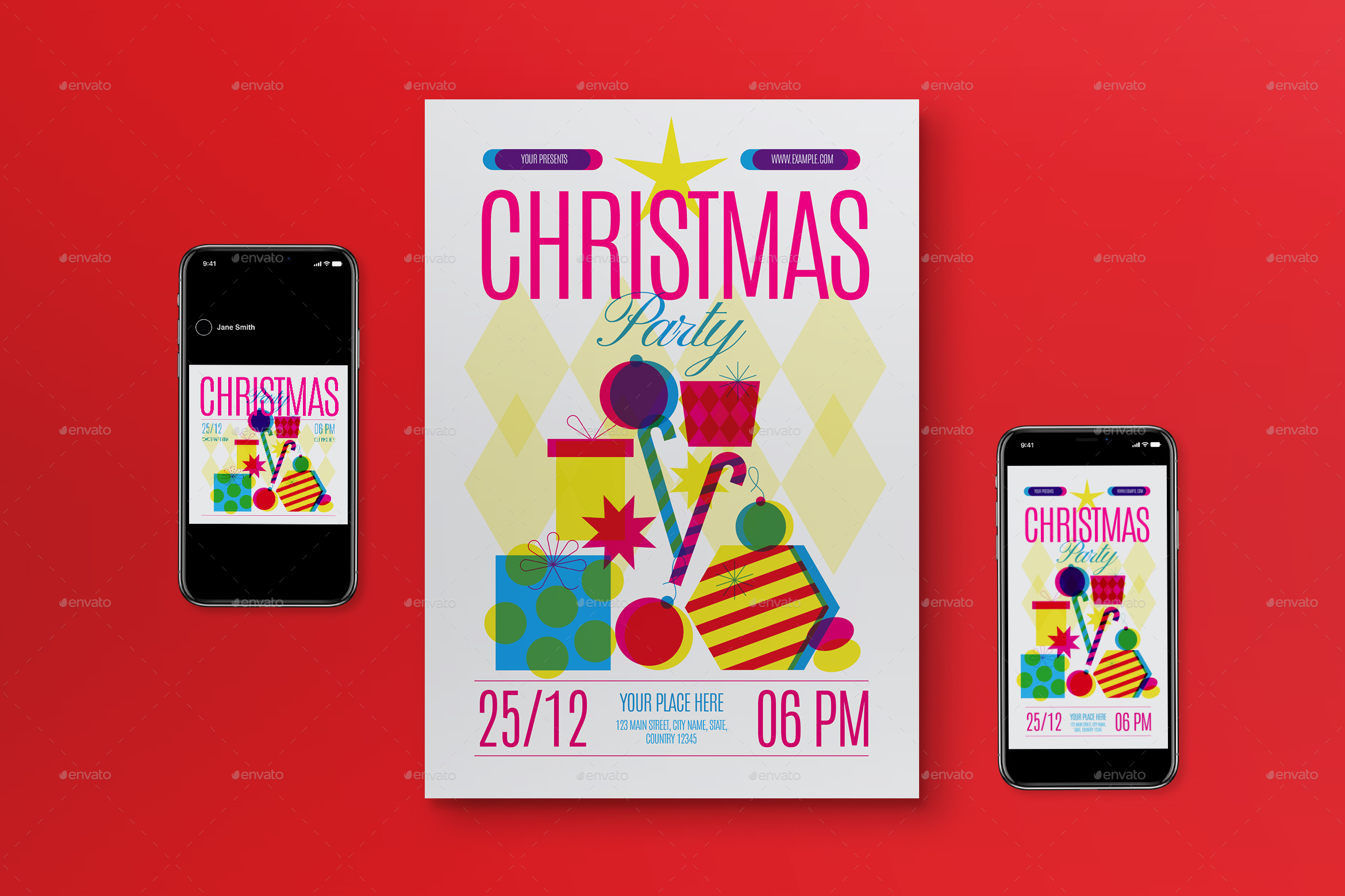 Pink Riso Graph Christmas Party Flyer Set, Print Templates | GraphicRiver