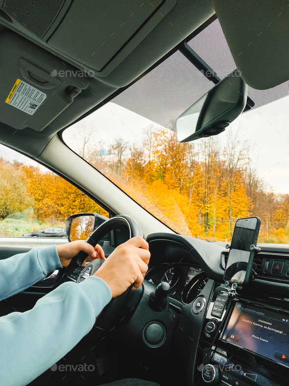 road trip concept man driving car by highway inside view Stock Photo by ...