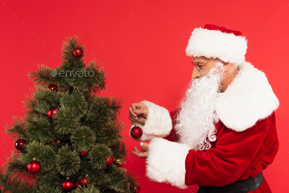 Side view of santa claus in costume holding decorative ball near ...