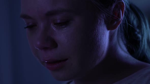 Close Up Portrait of Crying Young Woman With Nose Bleeding, Domestic ...