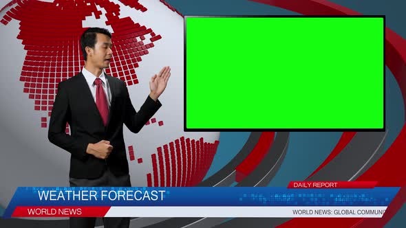 Live News Studio With Male Anchor Reporting On The Weather Forecast, TV ...