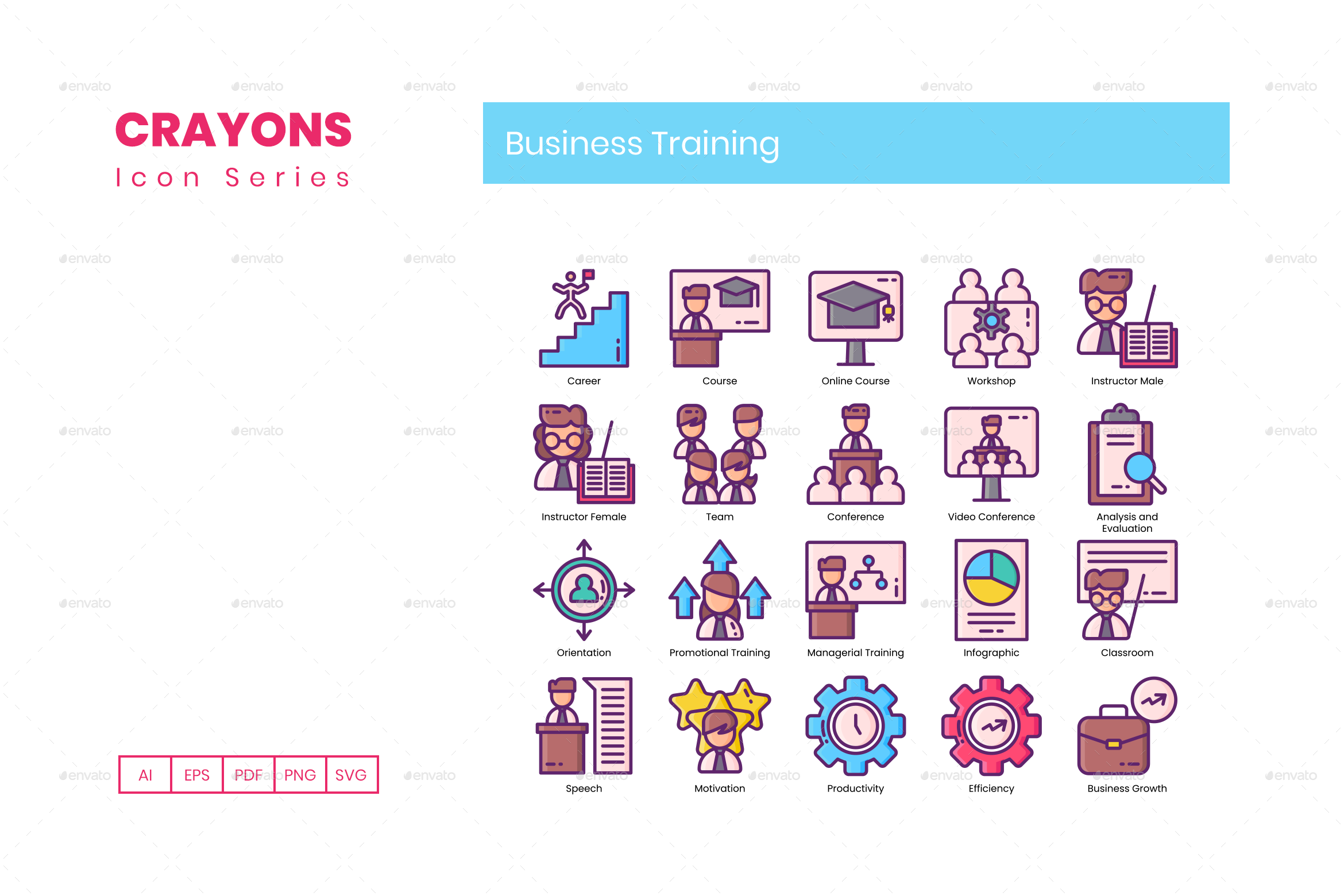 90 Business Training Icons | Crayons Series, Icons | GraphicRiver