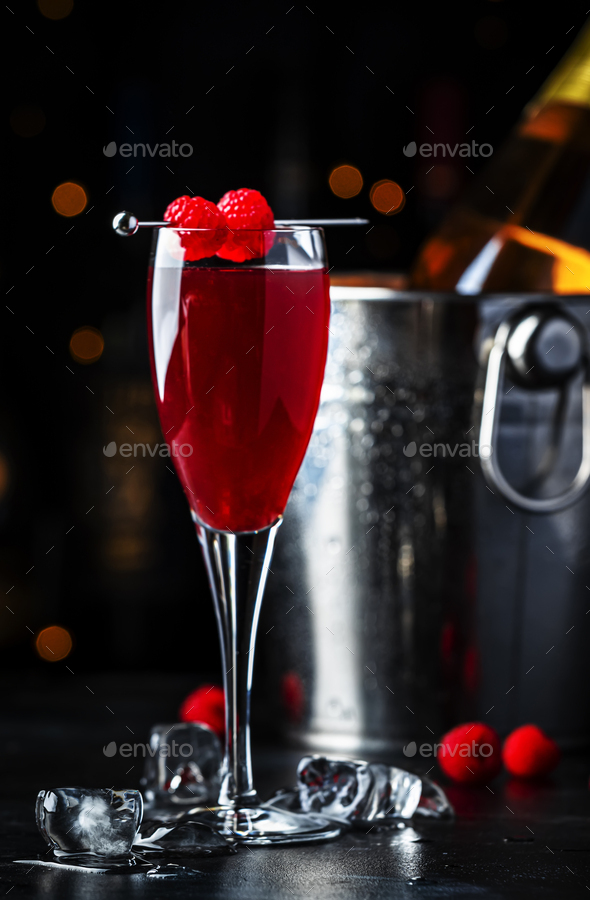 Moulin rouge cocktail drink with calvados, sparkling wine, lychee and ...