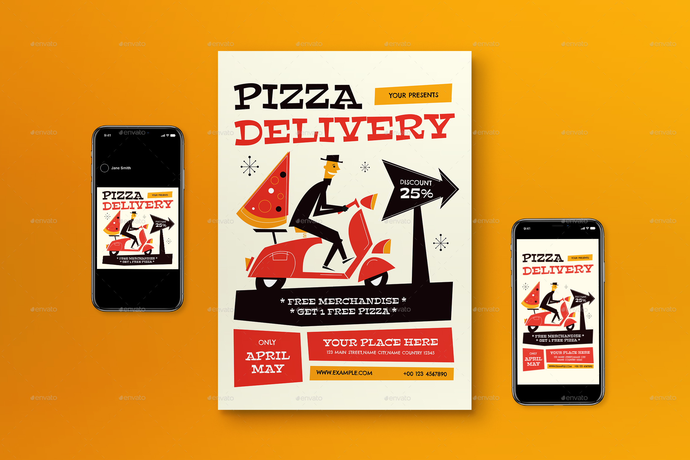 Brown Mid Century Pizza Delivery Flyer Set, Print Templates | GraphicRiver