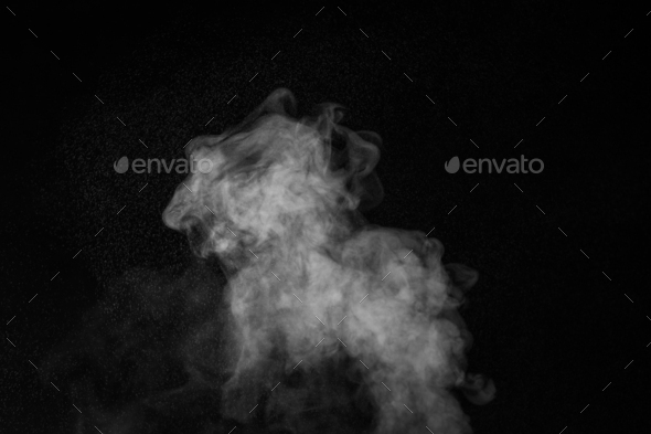 vapor steam rising over black background. Splashes and drops of water ...