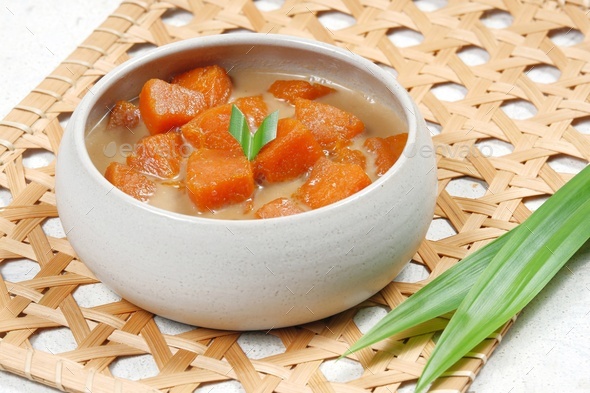 Kolak labu kuning or pumpkin compote is Indonesian traditional dessert ...