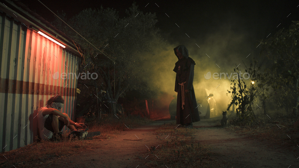Monk blesses halloween monster. Stock Photo by francescosgura | PhotoDune