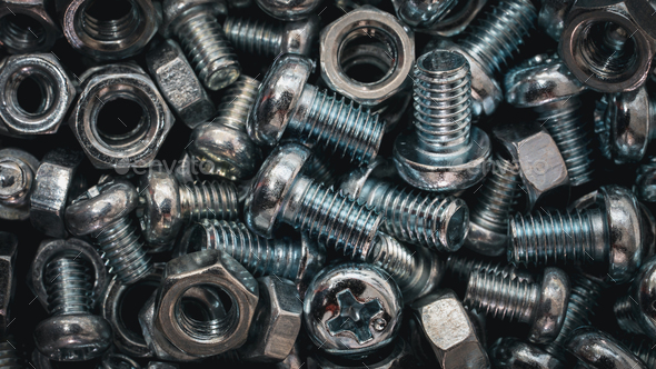 Metal nut screw or iron nut screw nails stack used in industrial ...