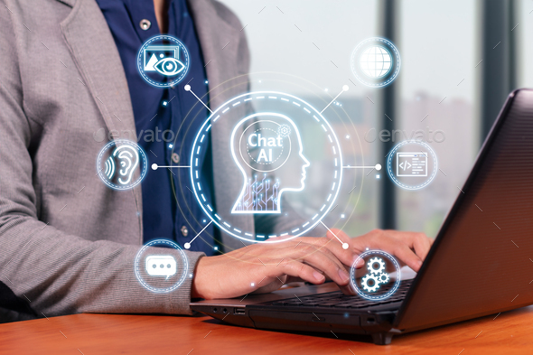 Home Office Chatting with Multifunctional AI: Man working with an ...