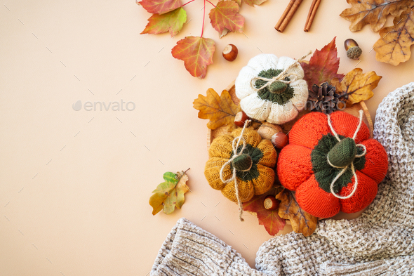 Autumn flat lay background with home decor. Stock Photo by Nadianb