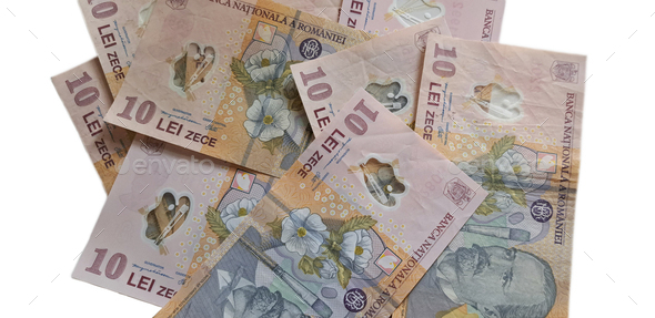 Stack of romanian polymer banknotes, romanian RON currency on white ...