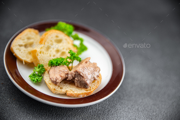 Cod liver seafood appetizer meal food snack on the table copy space ...