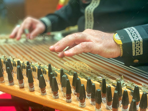An unrecognizable musician plays a traditional string music instrument ...