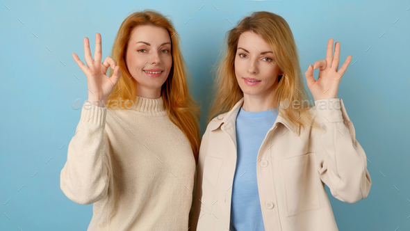 Friends, fashionable woman, ok hand, wink, excited emotion, happy sign ...