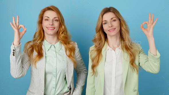 Friends, fashionable woman, ok hand, wink, excited emotion, happy sign ...