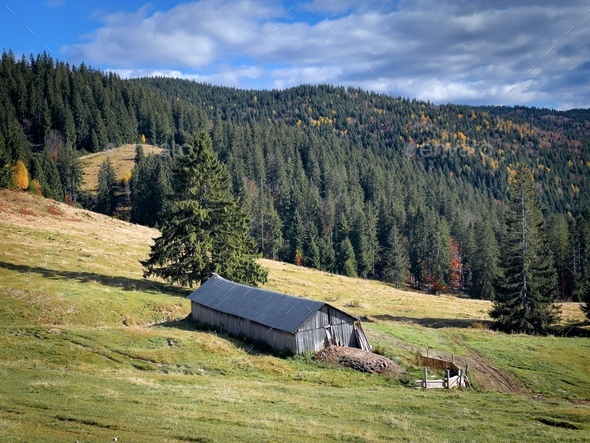 Rustic scenery of a wooden barn on a field surrounded by mountains and ...