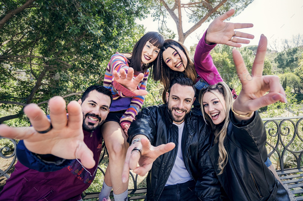 Five Friends Having Fun at the Park Bench Stock Photo by baffos | PhotoDune