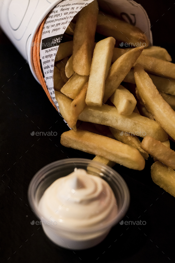 French fries with sauce, deep fried Homemade Baked potato chips fresh ...