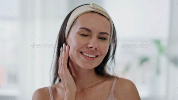 Winking model posing camera mirror pov portrait. Happy woman admiring ...