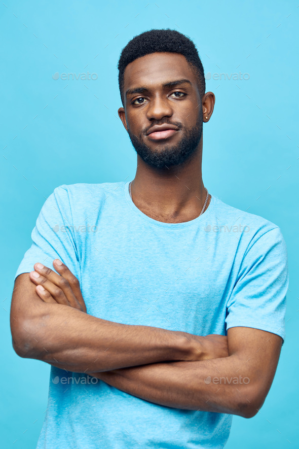 man portrait happy american african joy black background fashion blue ...