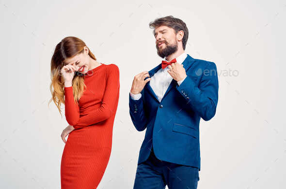 beautiful young couple emotions hand gestures isolated background Stock ...