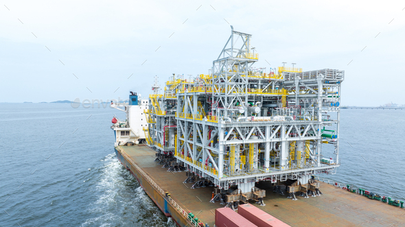 Big Construction on ship. Tender Drilling Oil Rig on Barge Ship ...