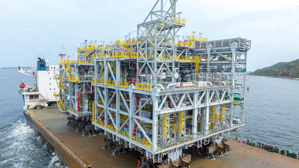 Big Construction on ship. Tender Drilling Oil Rig on Barge Ship ...