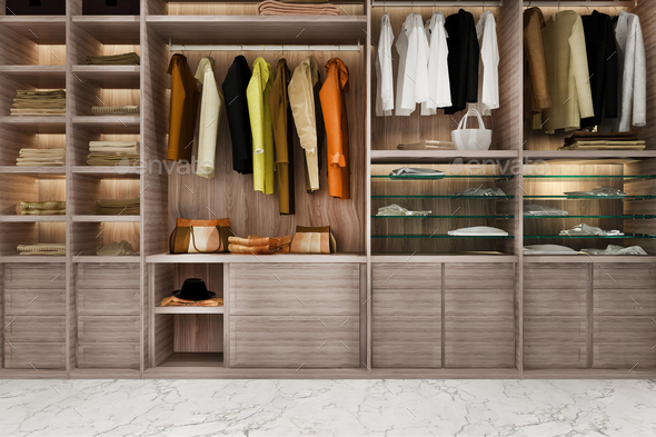 mock up minimal wood walk in closet with dress and clothes Stock Photo ...